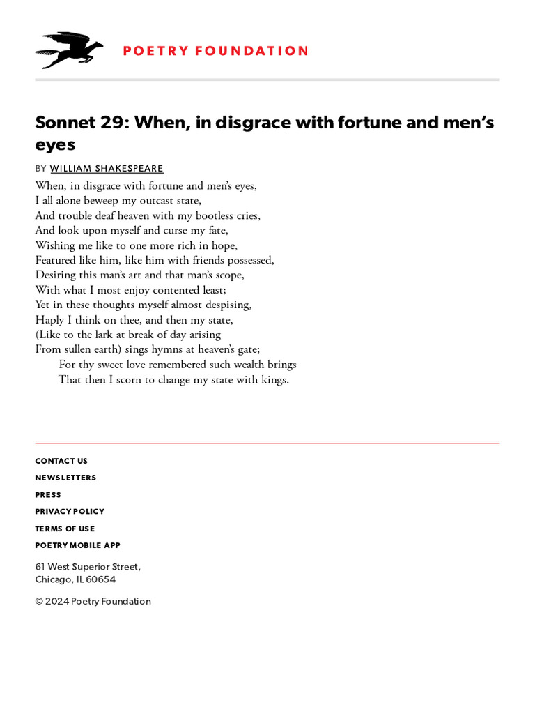 Sonnet 29 - When, in Disgrace With Fortune and - Poetry Foundation | PDF