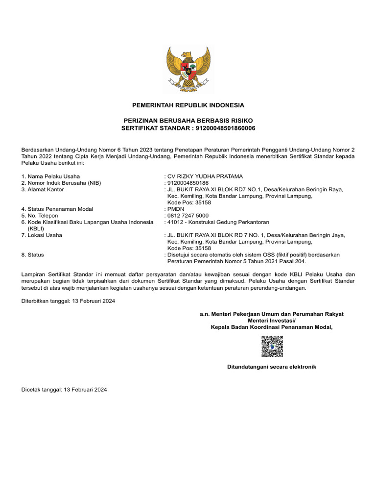 Sertifikat Standar Gedung Perkantoran RYP | PDF