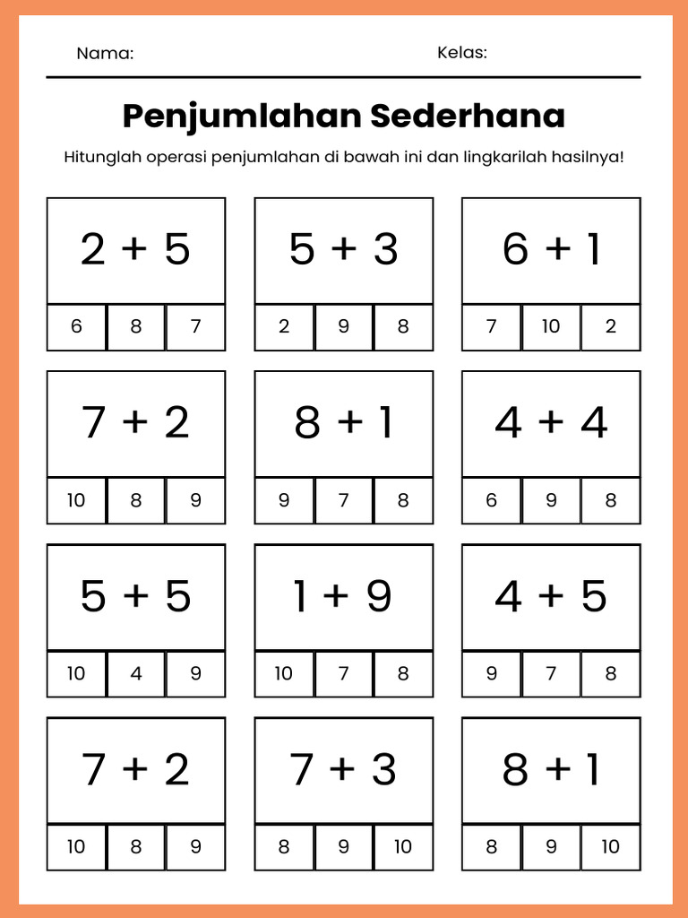 Penjumlahan Sederhana Lembar Kerja Putih Dan Oren Gaya Ilustratif | PDF