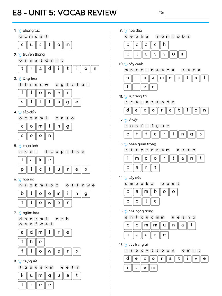e8-unit-5-vocab-review-đảo-chữ-2 | PDF