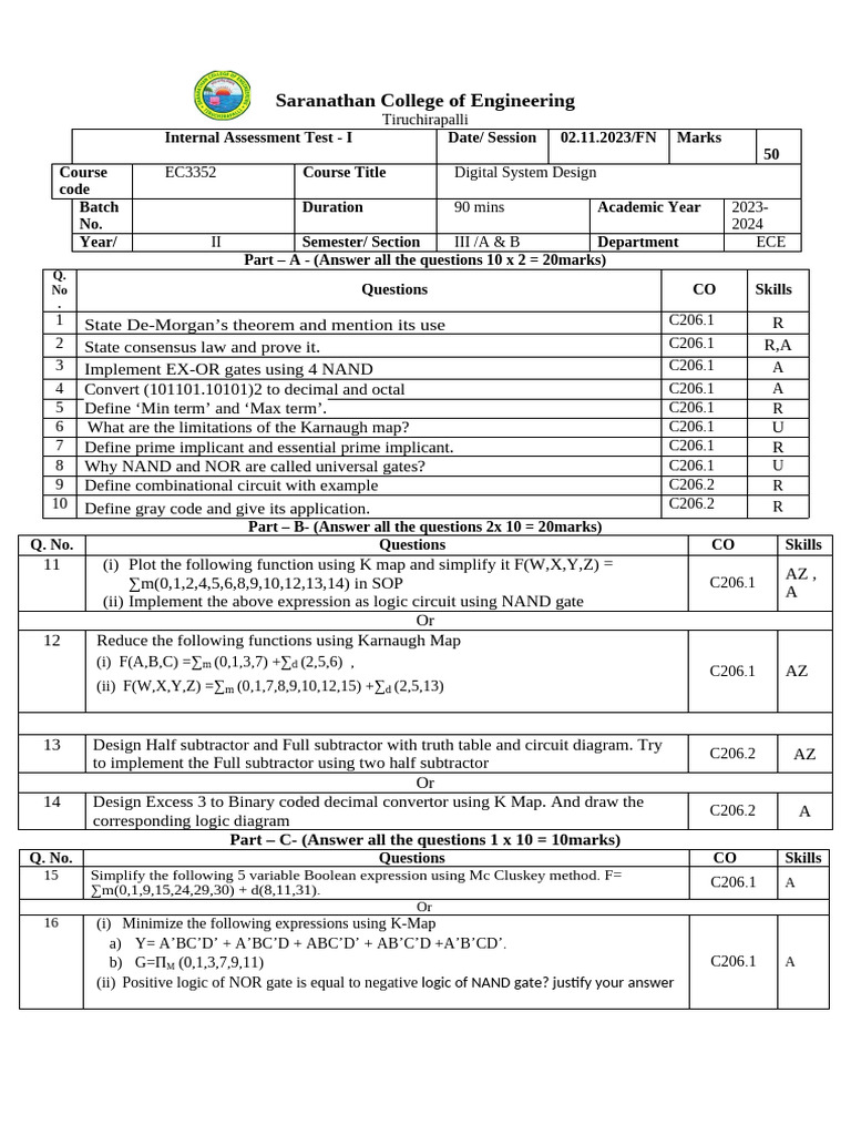Ec 3352 Digital System Design | PDF | Logic Gate | Mathematics