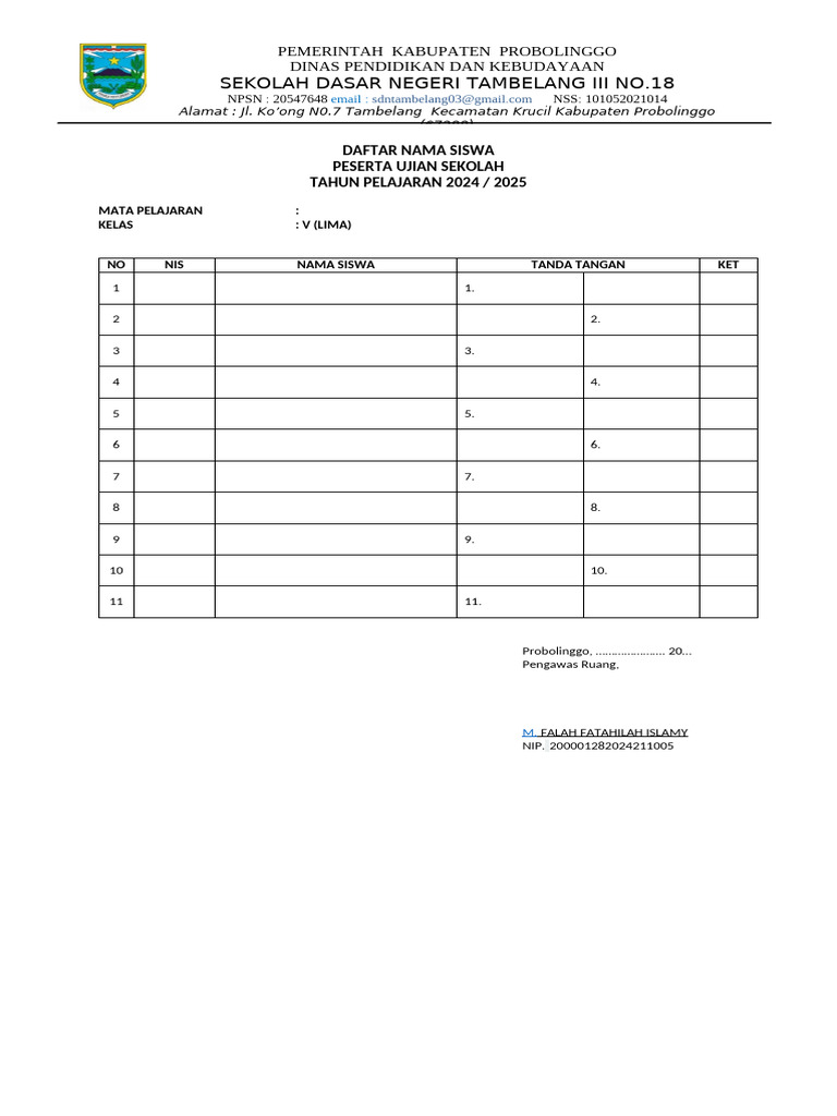Daftar Hadir Peserta Ujian Sekolah | PDF