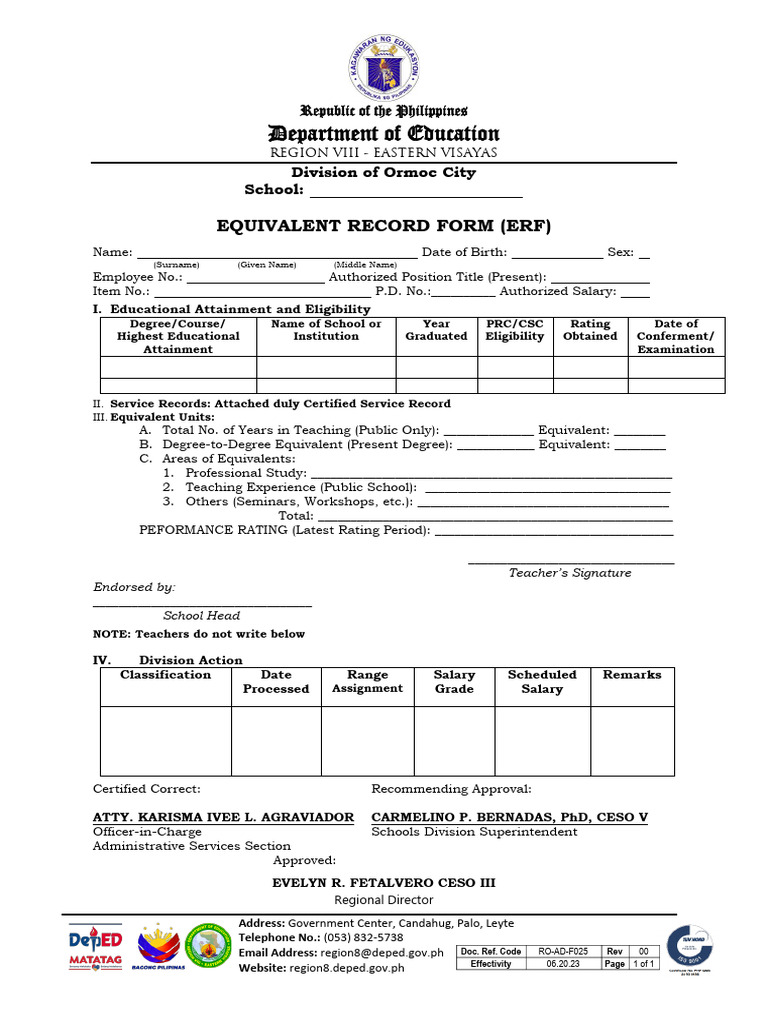 AD F025 Equivalent Record Form ERF | PDF