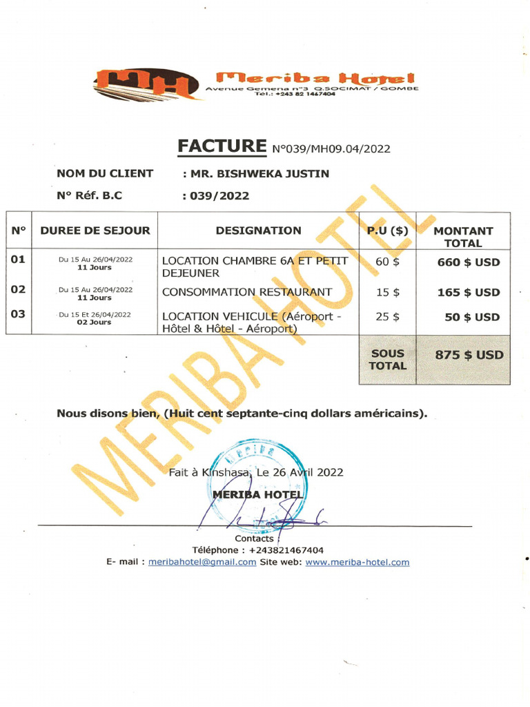 Facture Meriba Hotel | PDF