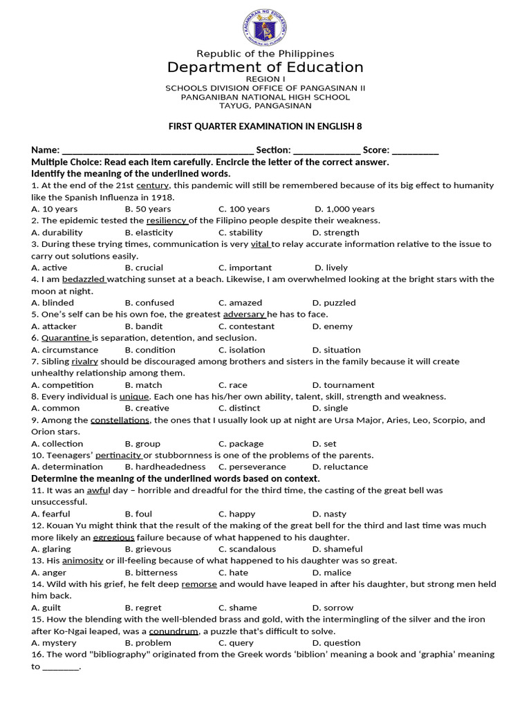 1st Periodical Test G8 | PDF | Books