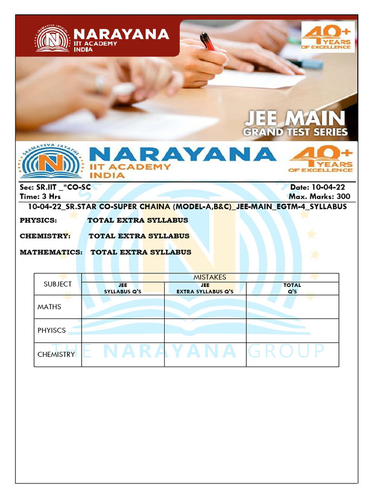 Narayana 10.04.22 - SR - STAR CO-SC - JEE - MAIN - EGTM-4 - Ques | PDF | Student Assessment And ...
