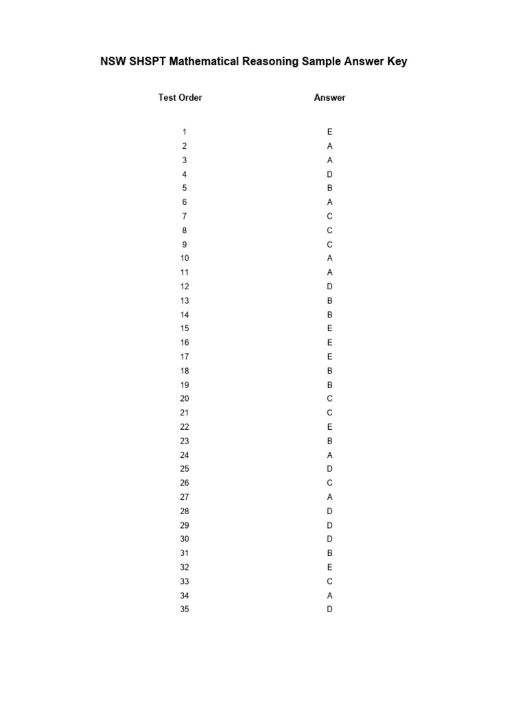 NSW SHSPT Math Reasoning Answer Key | PDF