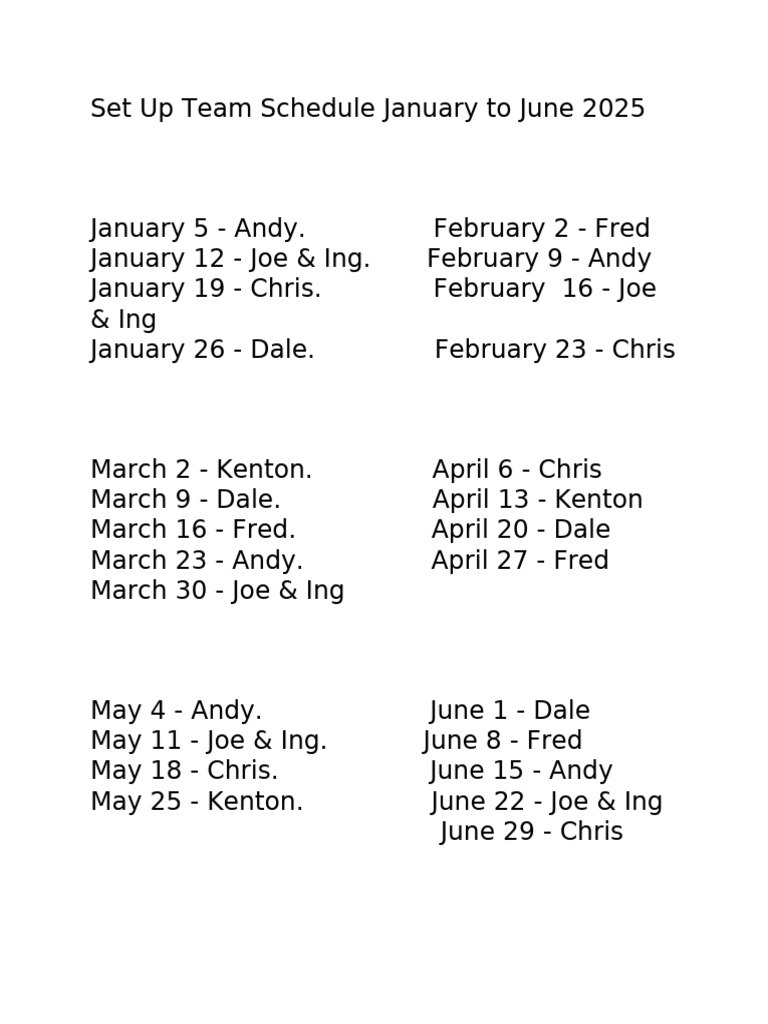 Team Schedule Jan-Jun 2025 | PDF