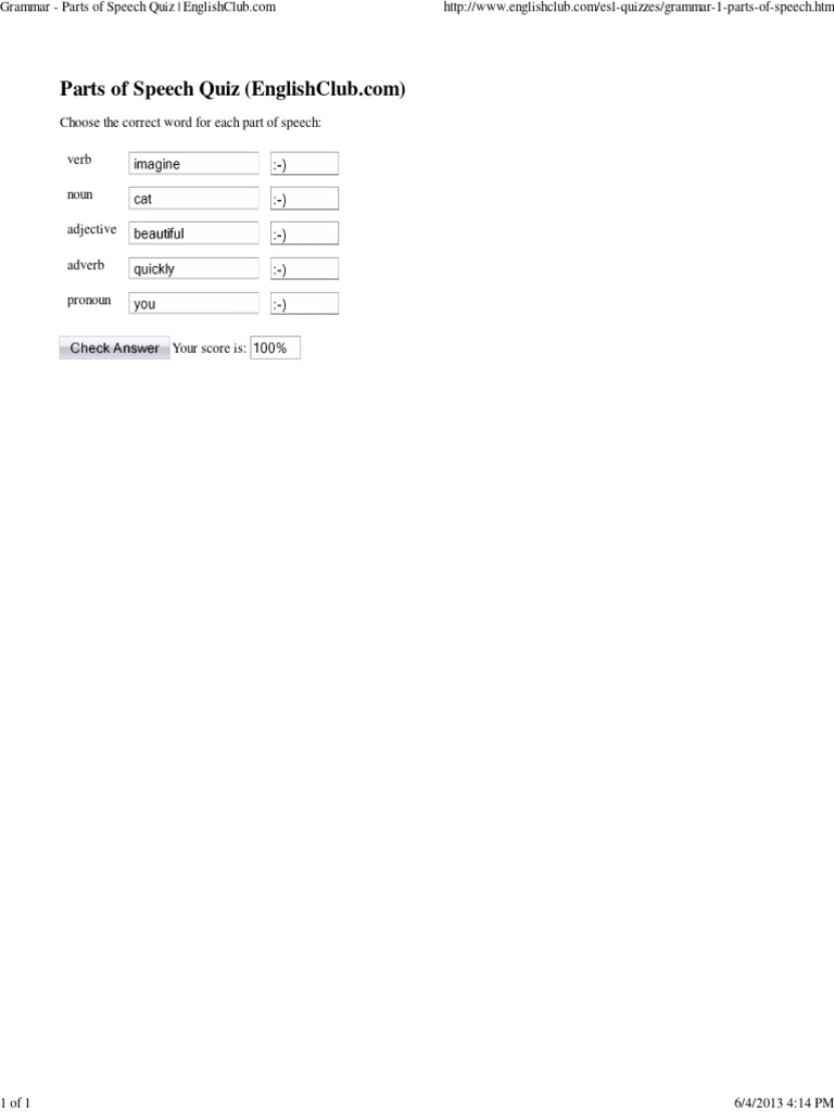 Grammar - Parts of Speech Quiz - EnglishClub | PDF