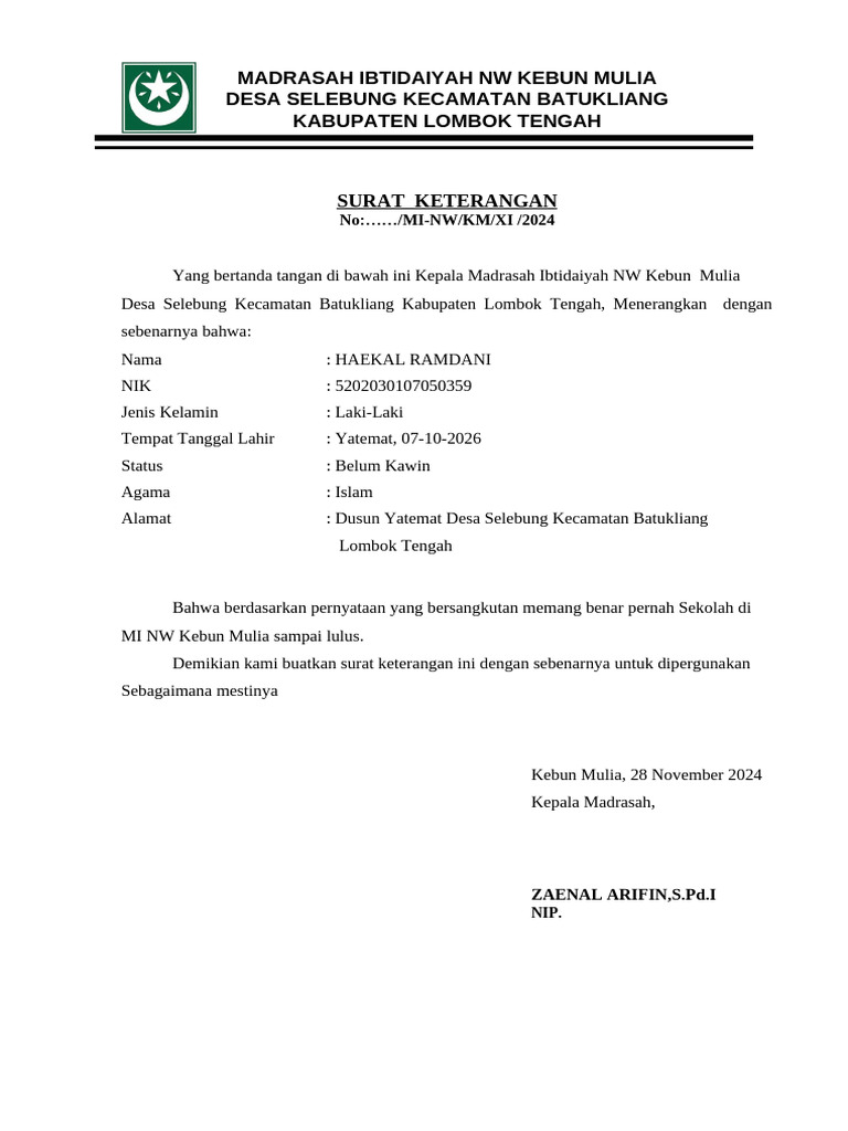 Surat Keterangan Lulusan MI NW Kebun Mulia | PDF