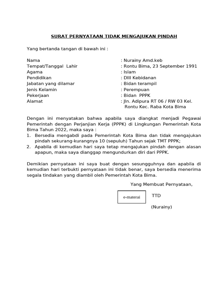 Lampiran Iv Surat Tidak Mengajukan Pindah Bidan Nurany SKD | PDF