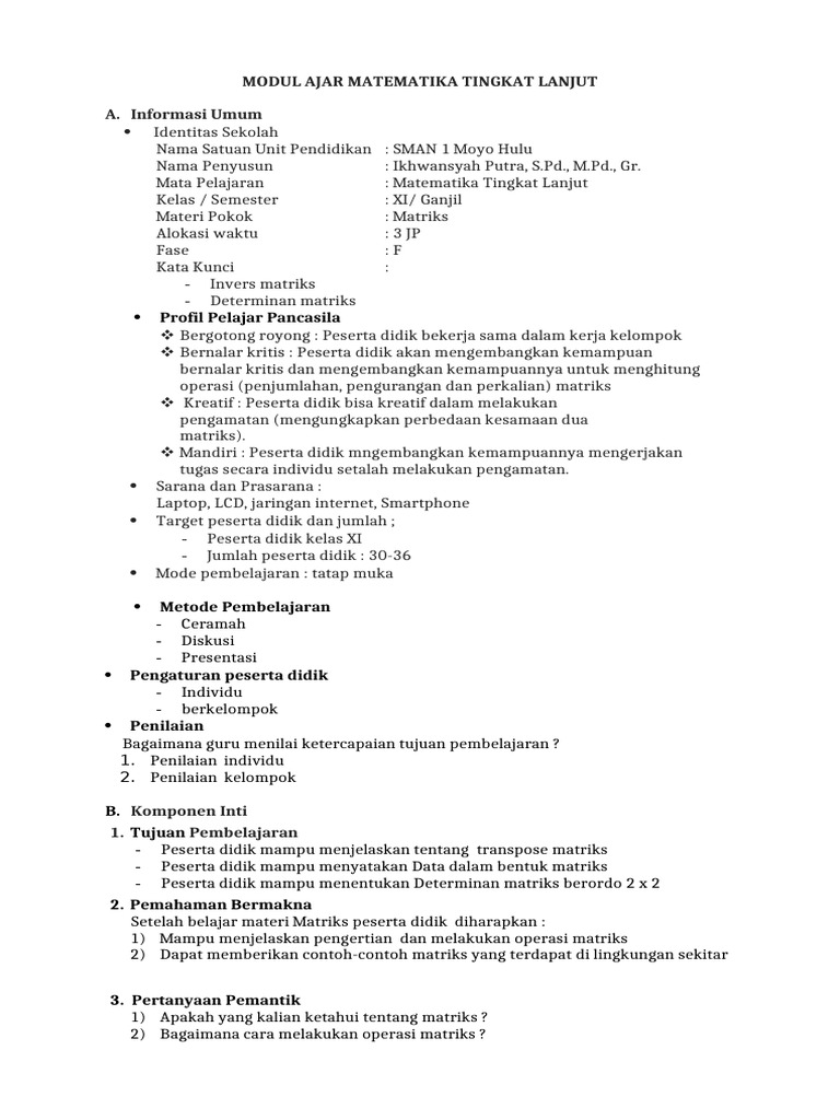 Modul Ajar Matematika Matriks Kelas XI | PDF