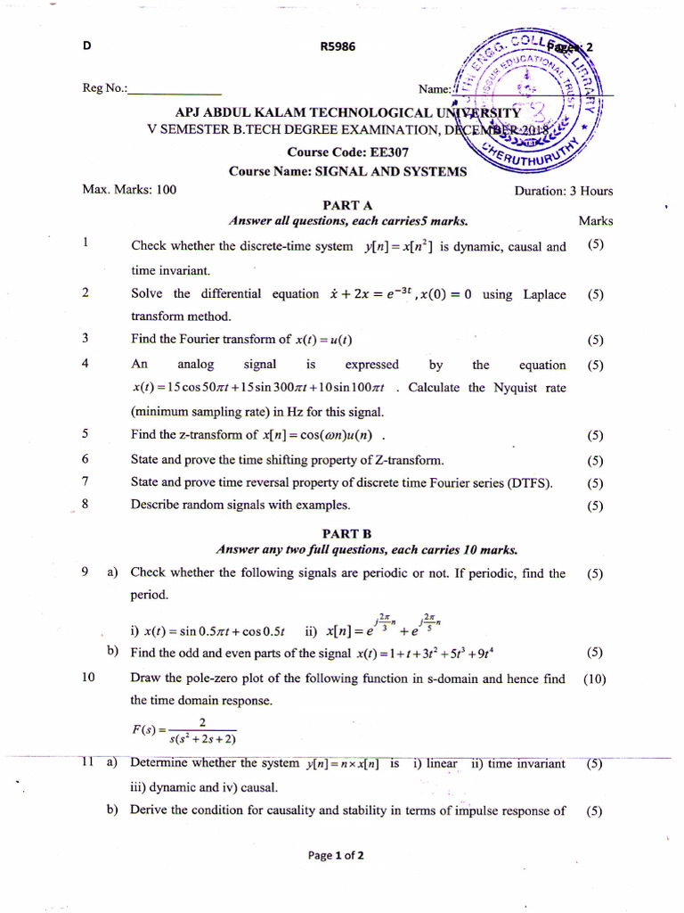 EE307 Signal and Systems, December 2018 | PDF | Fourier Analysis | Signal Processing
