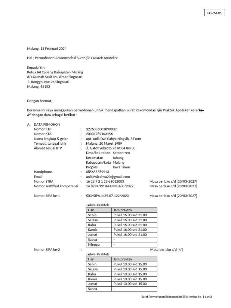 Form 01 - Surat Permohonan Rekomendasi SIPA Ke-2 Danatau SIPA Ke-3-1 | PDF