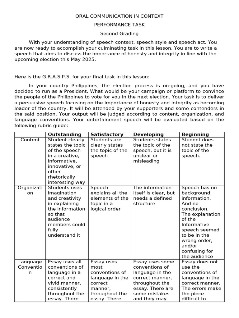 Grasp (Performance Task in Oral Com) | PDF | Communication | Cognitive ...