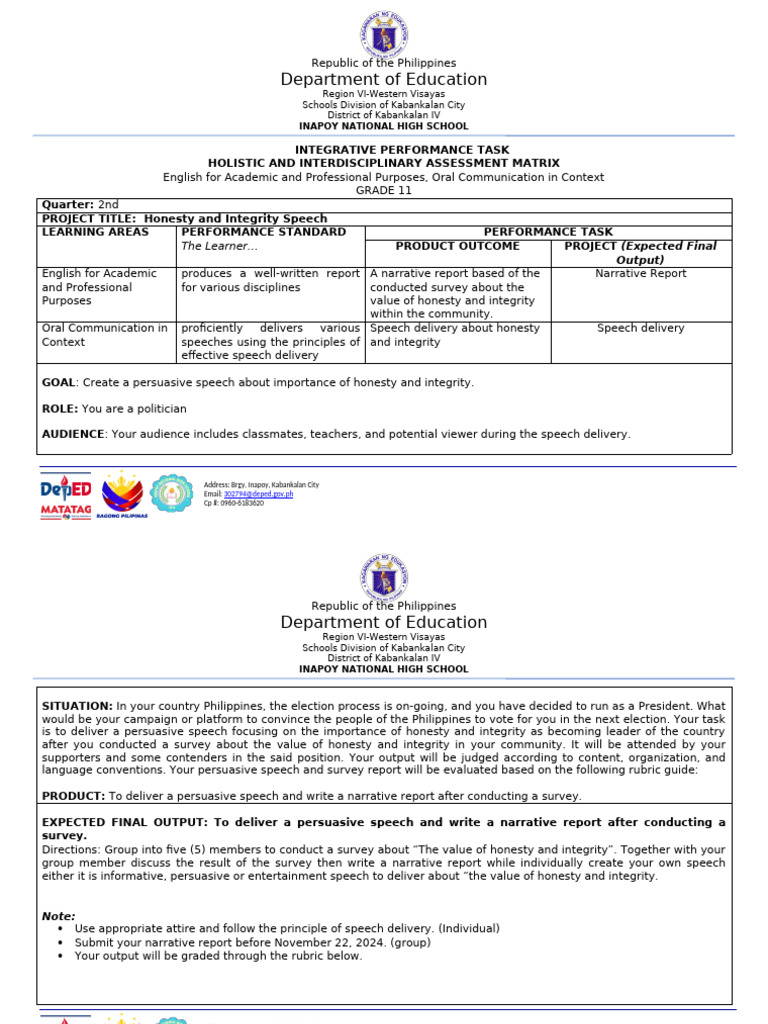 Intergrated Performance Task | PDF | Integrity | Learning