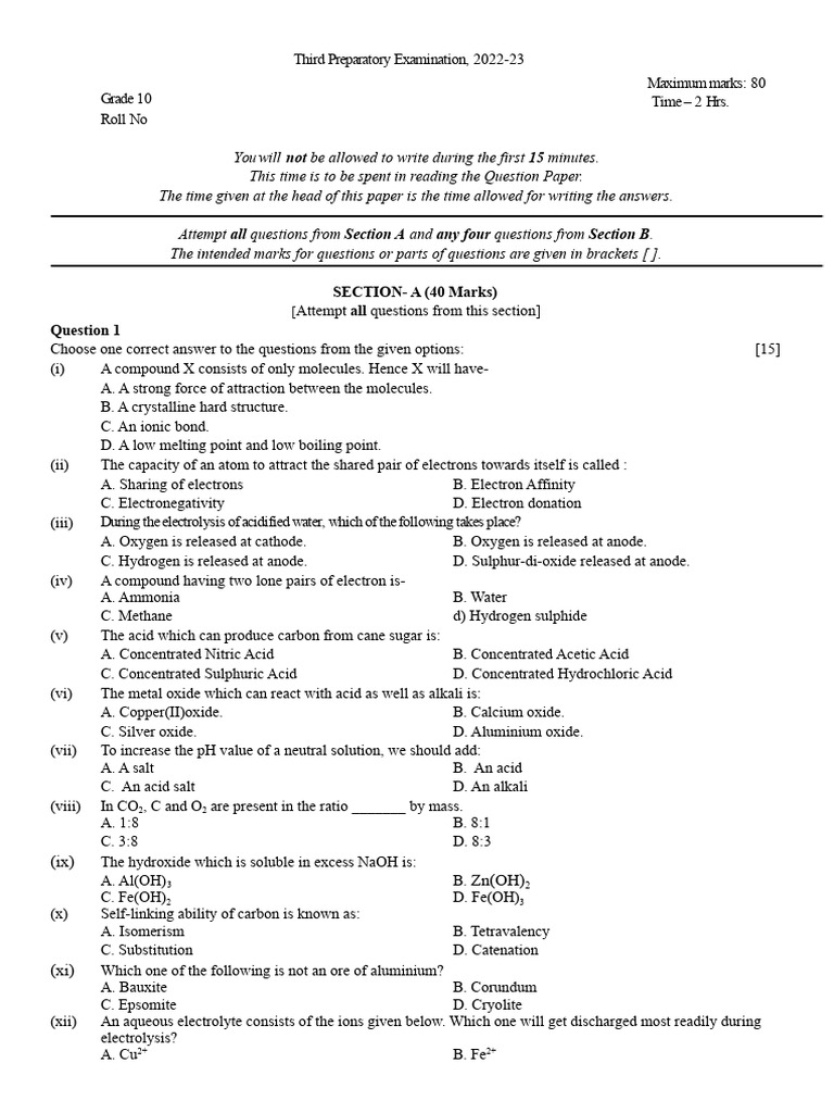 GR 10 Chemistry Prep 3 QP 2022-23 | PDF | Hydroxide | Acid