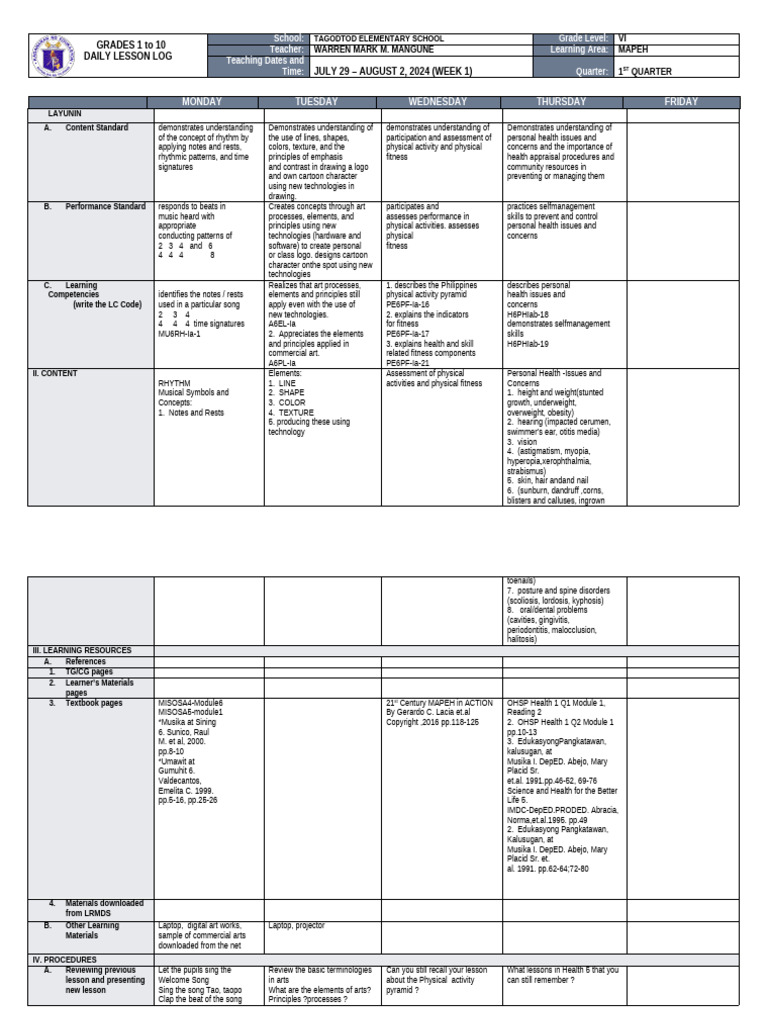 DLL_MAPEH 6_Q1_W1 | PDF | Rhythm | Teachers