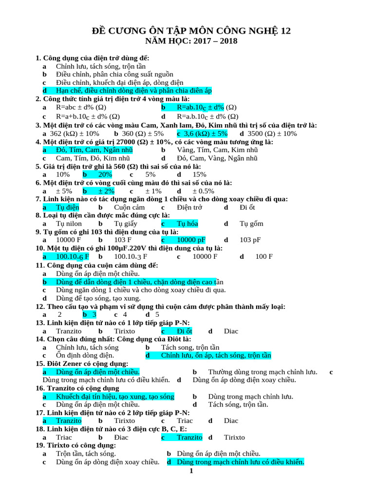 ĐỀ CƯƠNG ÔN TẬP MÔN CÔNG NGHỆ 12 - HK1 | PDF