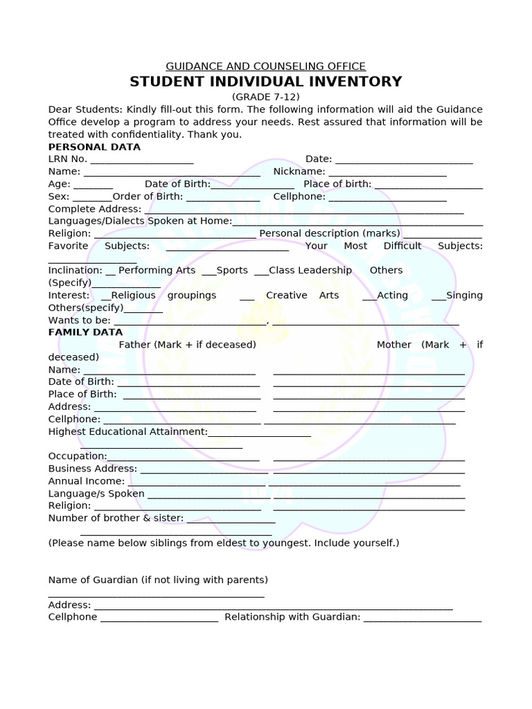 Student Inventory Form Grades 7-12 | PDF | Health Care