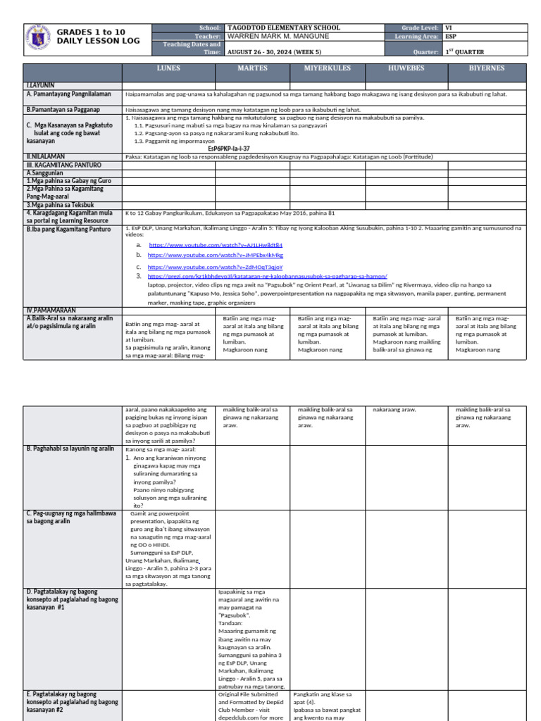 DLL - Esp 6 - Q1 - W5 | PDF
