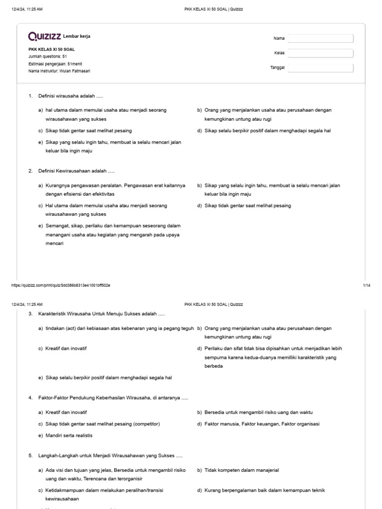 PKK KELAS XI 50 SOAL - Quizizz | PDF
