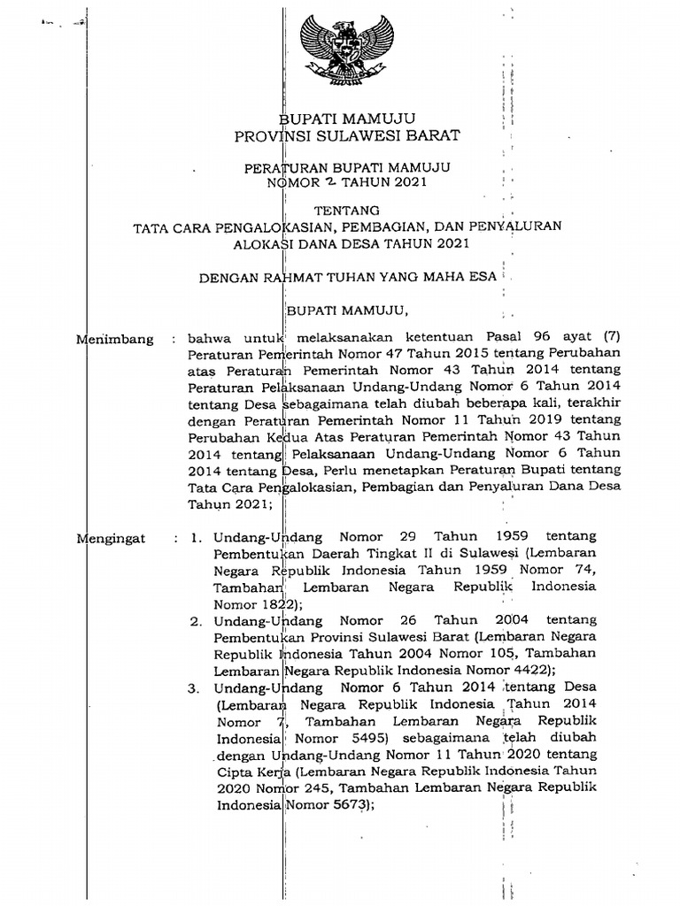 Perbup No 2 Tahun 2021 Tentang Tata Cara Pengalokasian, Pembagian Dan Penyaluran Alokasi Dana ...