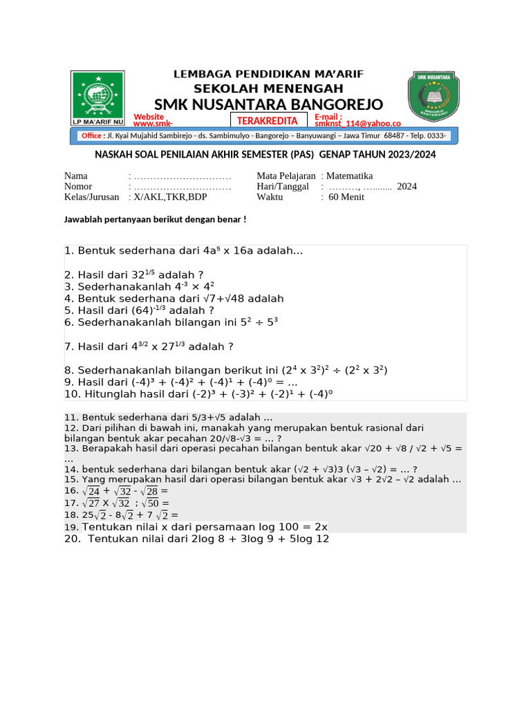 Soal MTK KLS X | PDF