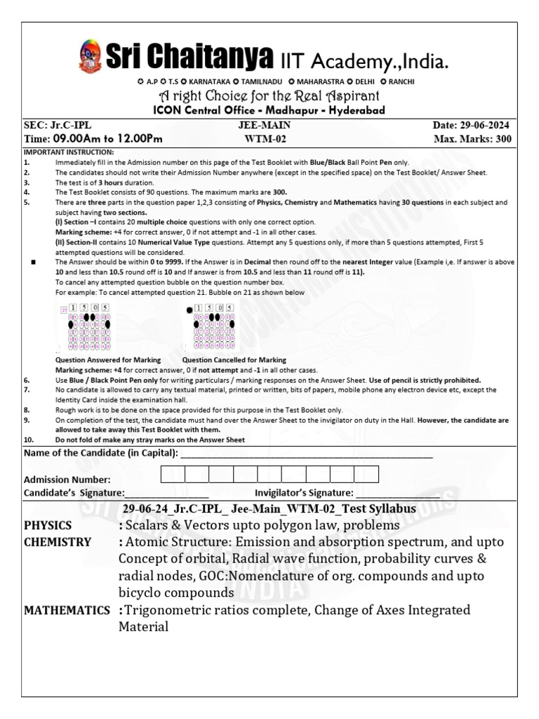 29 06 24 JR.C Ipl Jee Main WTM 02 Q.paper | PDF | Atomic Orbital ...