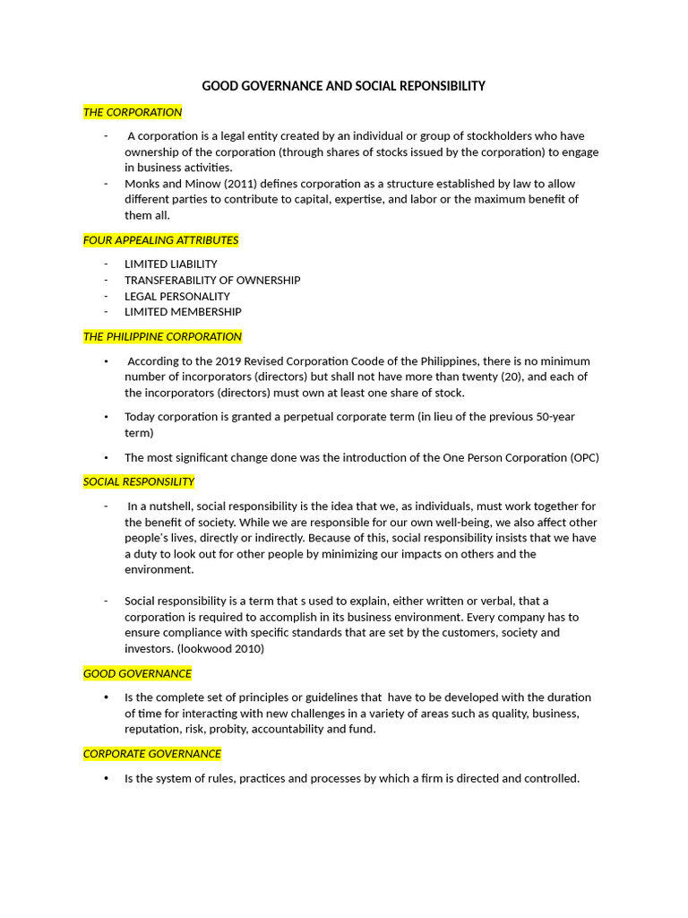 Good Governance and Social Reponsibility | PDF | Corporate Social ...