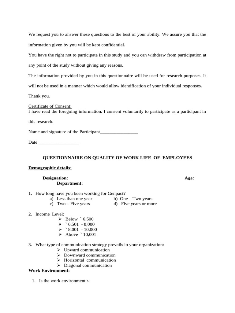 Questionnaire On Quality of Work Life of Employees | PDF ...