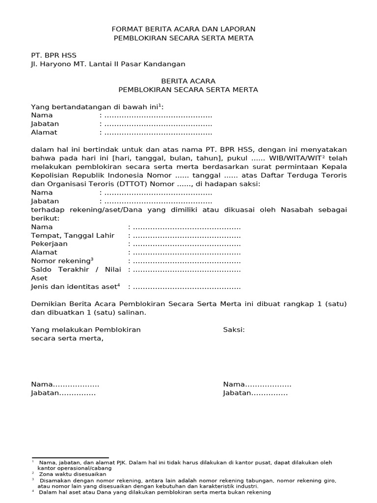 Laporan Pemblokiran DTTOT PT BPR HSS | PDF