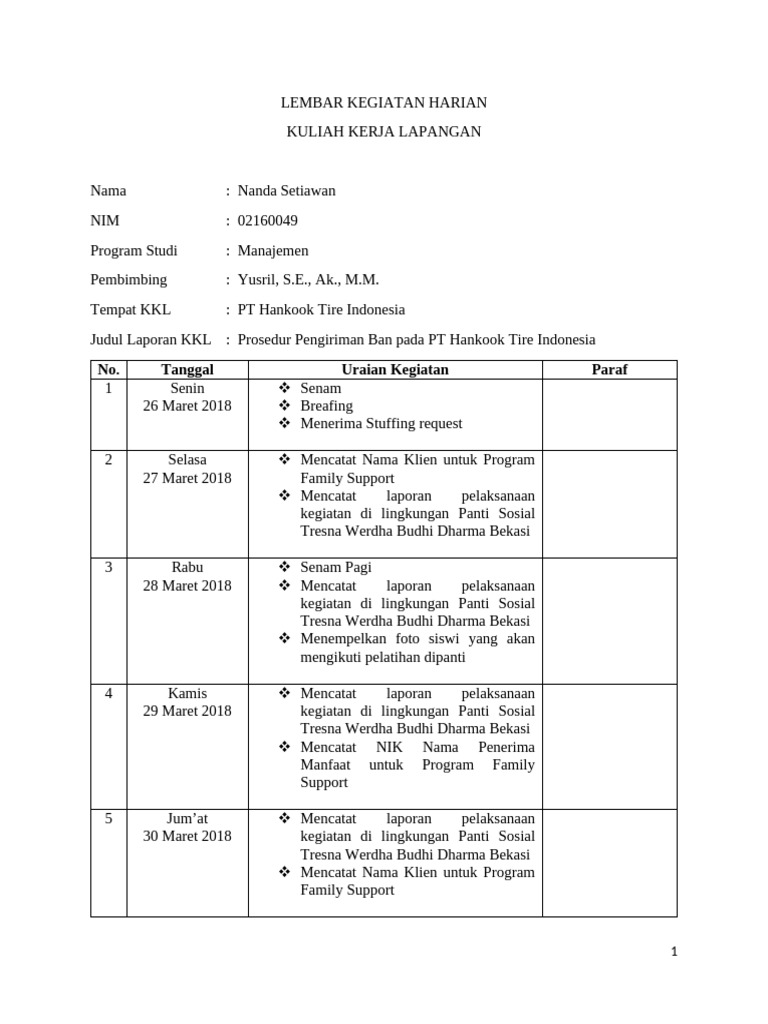 Lembar Kegiatan Harian KKL | PDF