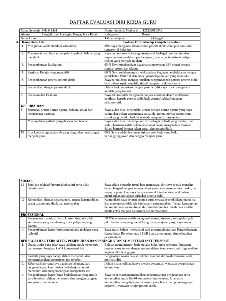 Evaluasi Diri Kerja Guru 2020-2021 | PDF