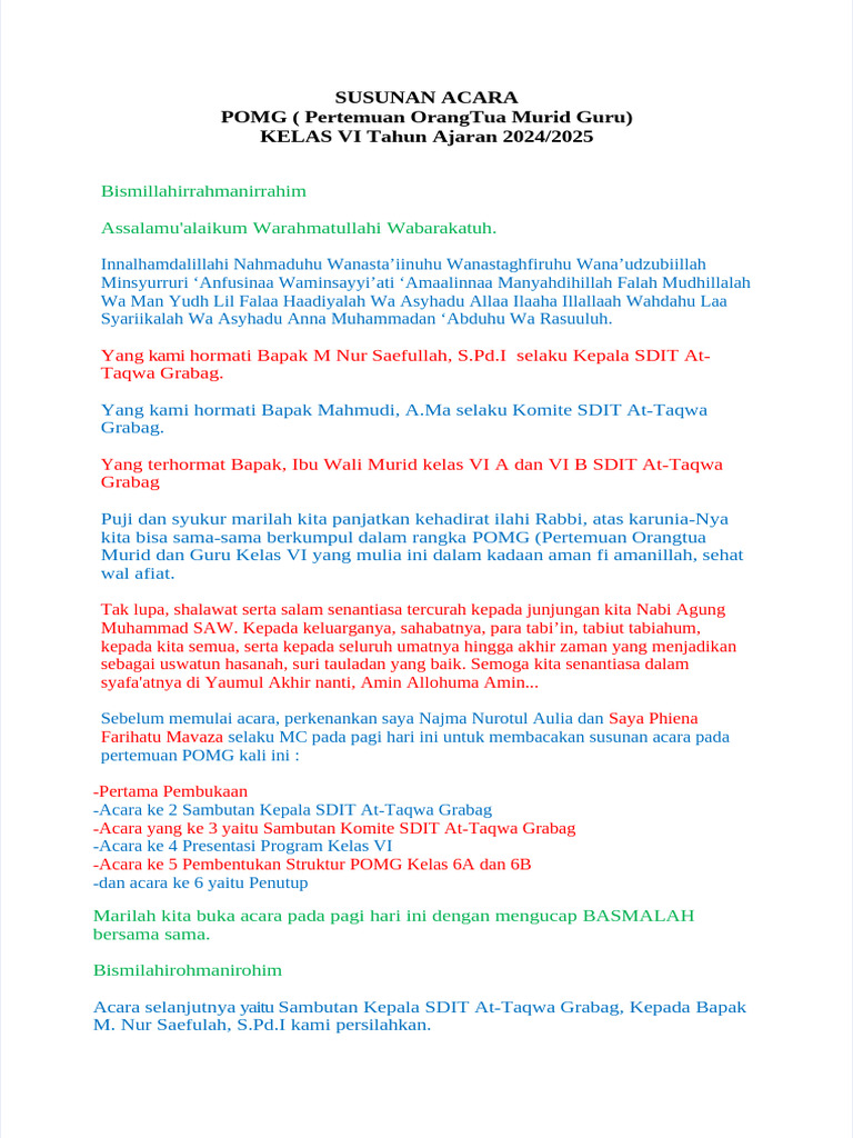 Teks MC Dan Susunan Acara POMG Kelas 6 | PDF