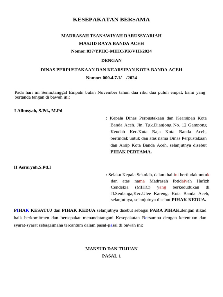 Surat Kesepakatan Bersama Perpus | PDF