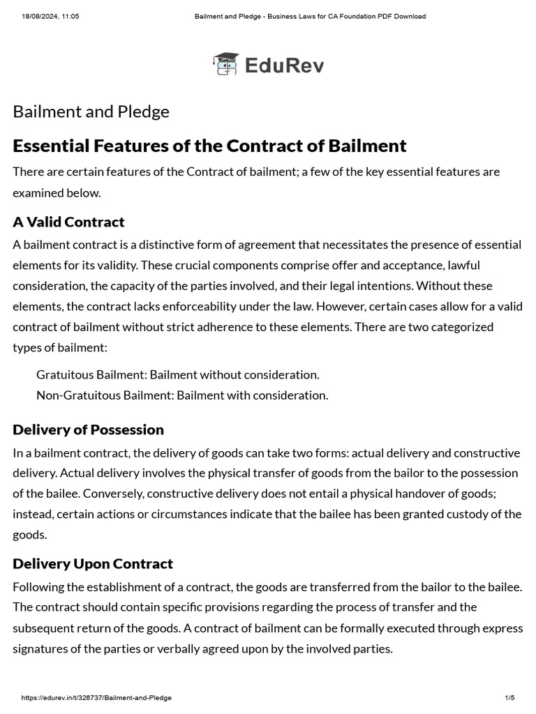 Essentials of Bailment and Pledge | PDF | Law Of Obligations | Business Law
