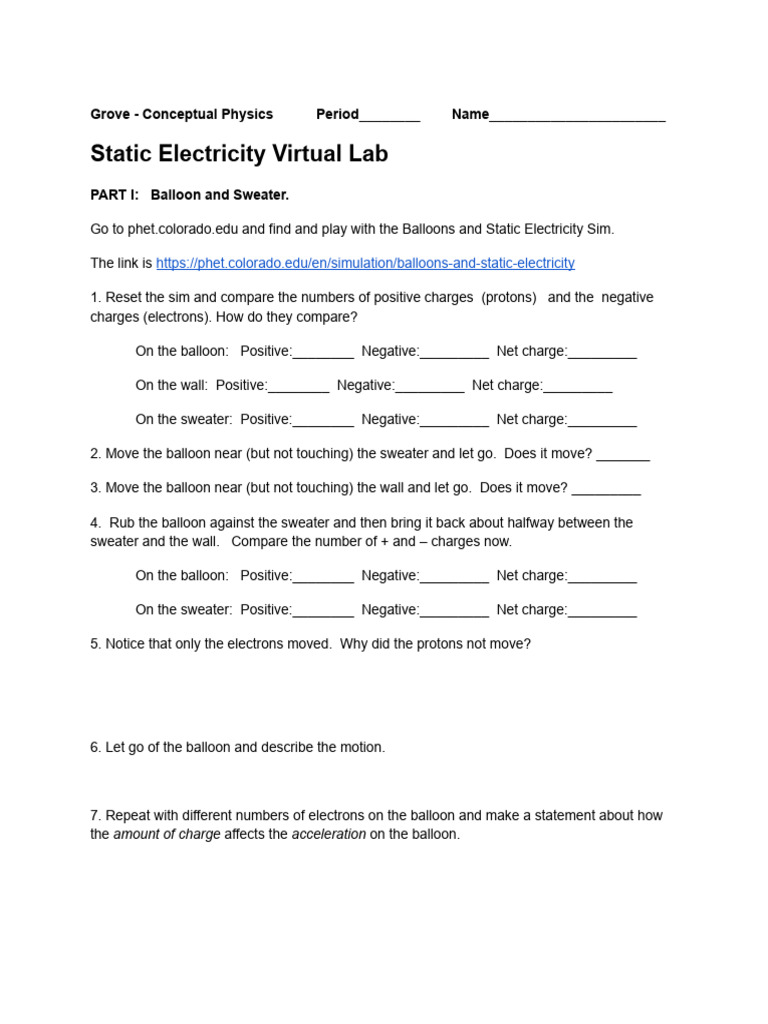 Static Electricity Virtual Lab-1 | PDF | Electron | Electric Charge