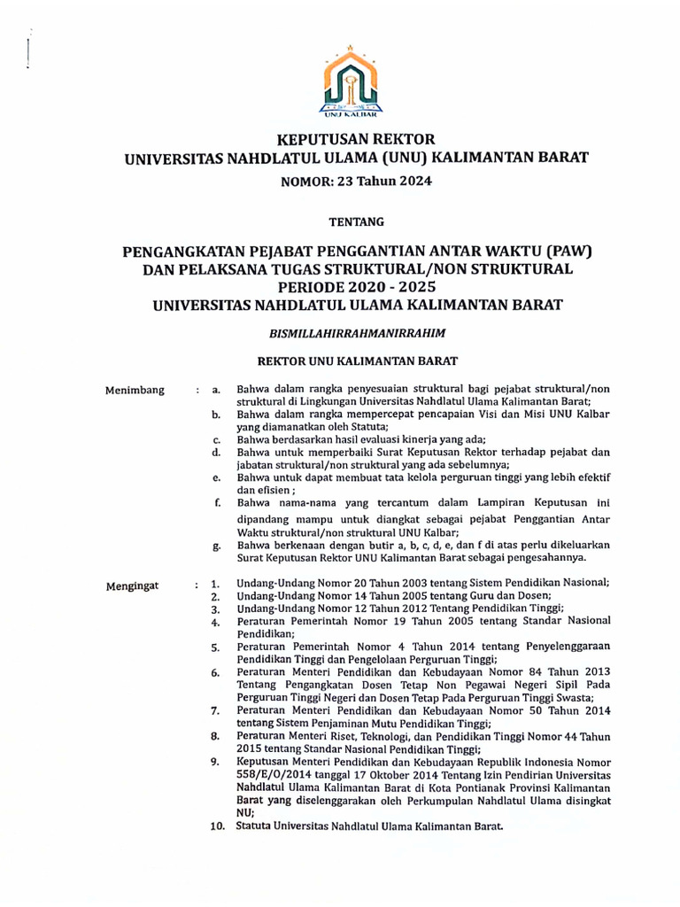 SK - Pengangkatan Pejabat Penggantian Antar Waktu (PAW) Dan Pelaksana Tugas Struktural Periode ...