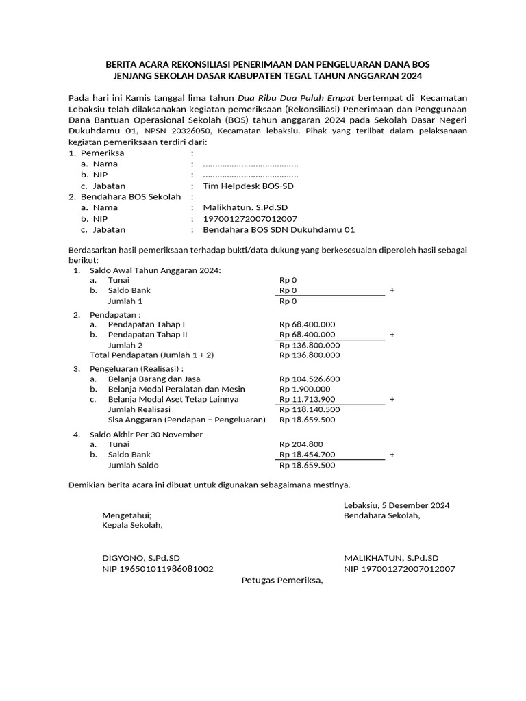 Berita Acara Rekonsiliasi Penerimaan Dan Pengeluaran Dana Bos | PDF