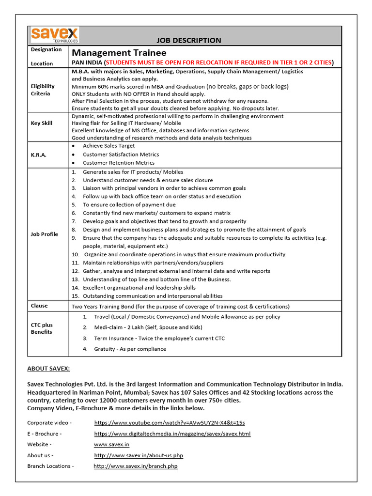 JD - Management Trainee - Savex | PDF | Performance Indicator | Supply Chain