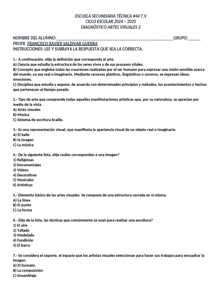 Examen de Diagnóstico Artes 2 para Formularios Google | PDF | Imagen ...