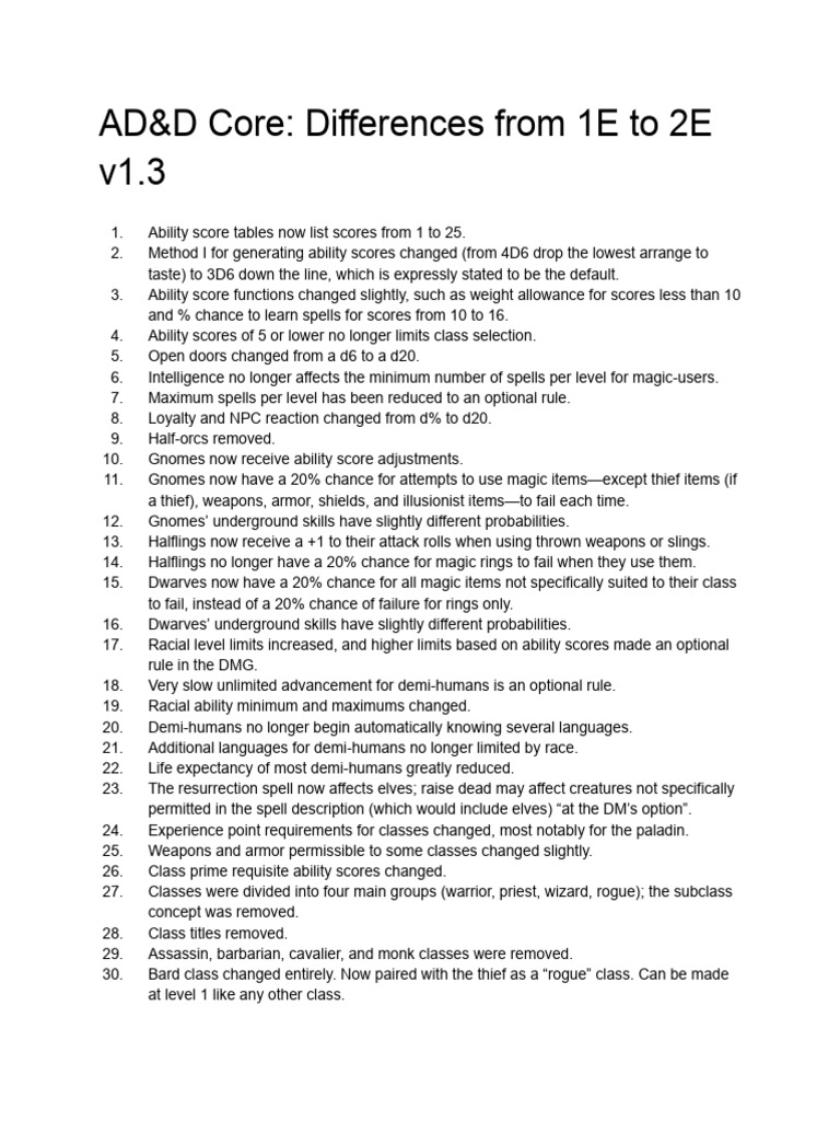 AD&D Core - Differences From 1E To 2E v1 | PDF | D20 System | Fantasy ...