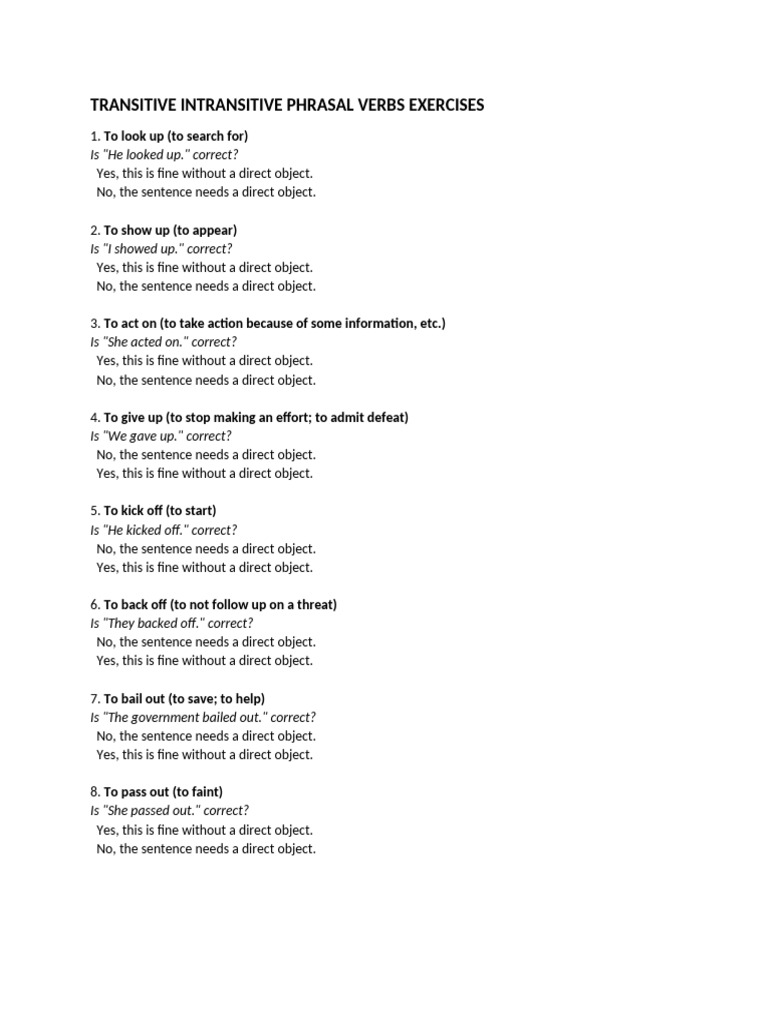 Transitive Intransitive Phrasal Verbs Exercises | PDF | Grammatical Conjugation | Semantics