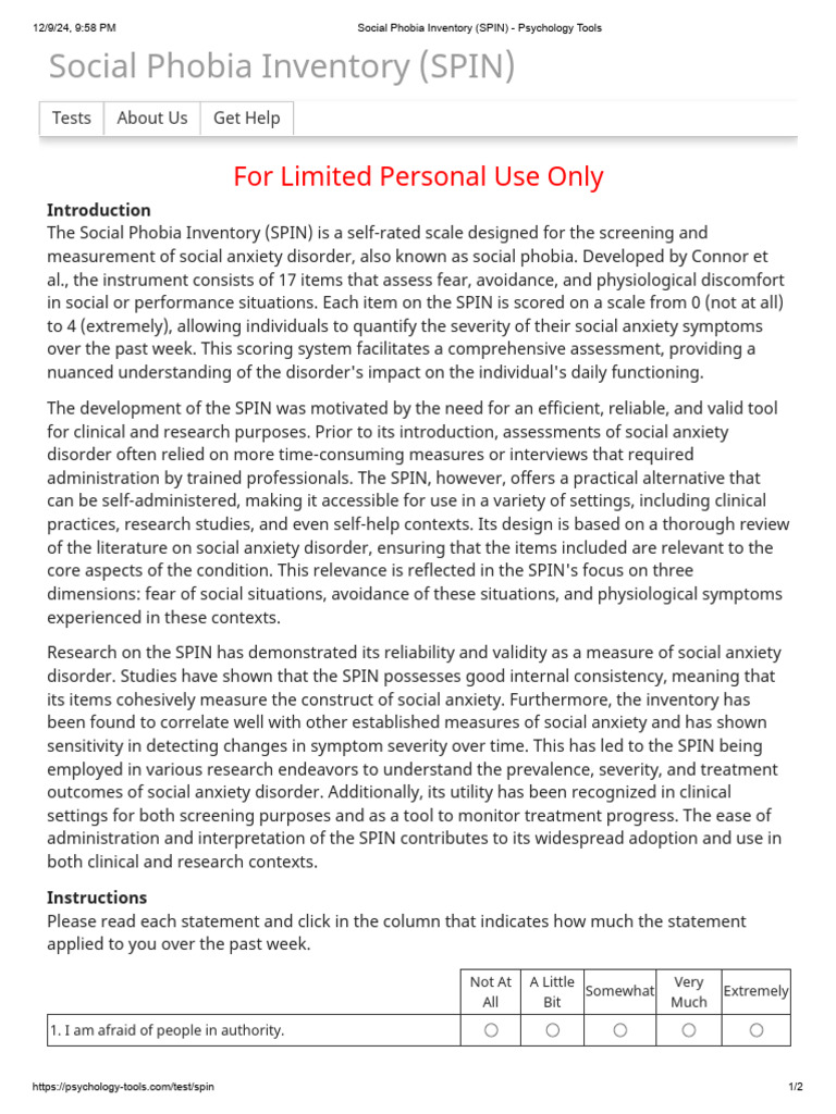 Social Phobia Inventory (SPIN) - Psychology Tools | PDF | Social ...