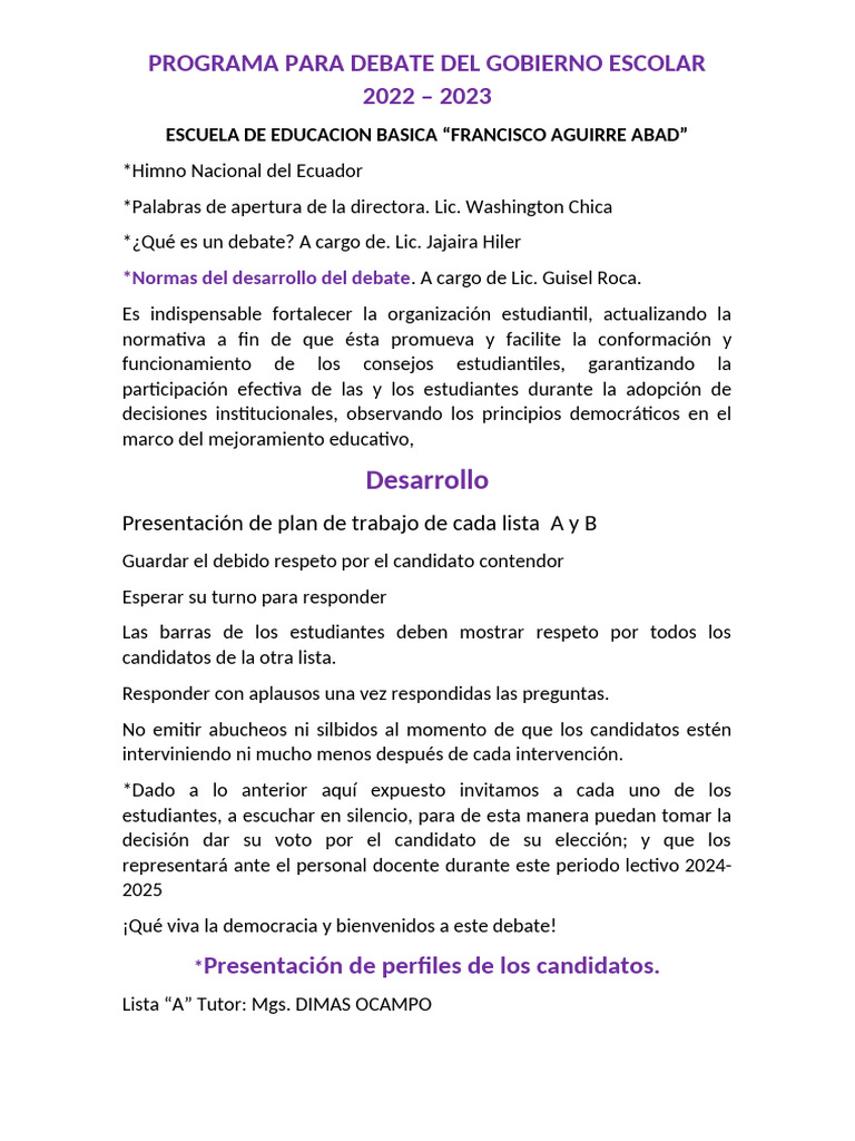 Programa para Debate Del Gobierno Escolar 2022 | PDF | Gobierno