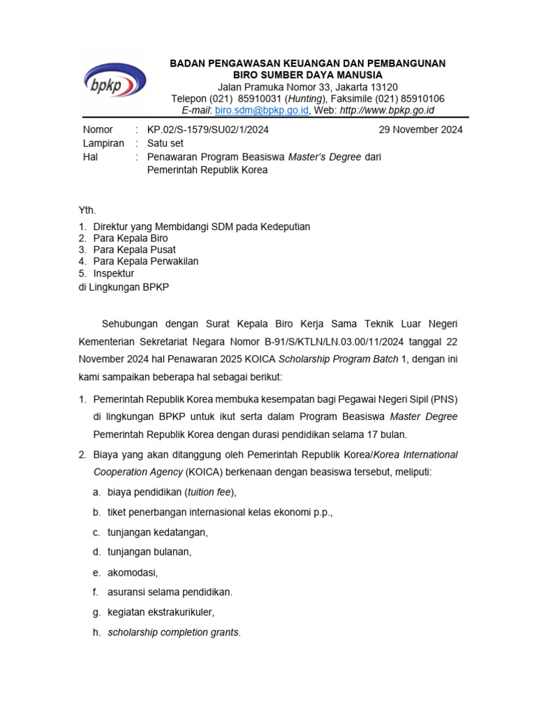 S-1579 Penawaran Beasiswa KOICA 2025 - Signed | PDF
