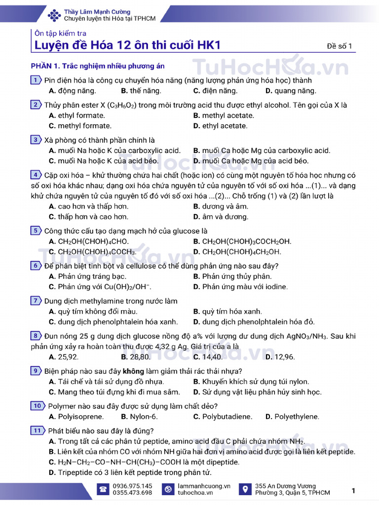 (Ck1a) Hóa 12 Cuối Hk1 | PDF