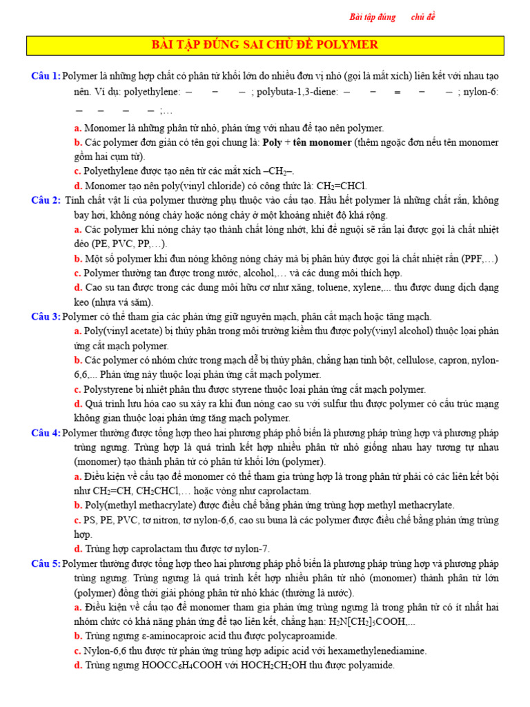 hóa 12-chuong 4-bài tập phát biểu đúng sai polymer | PDF