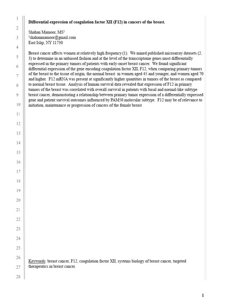 Differential Expression of F12 in Cancers of The Breast. | PDF | Breast ...